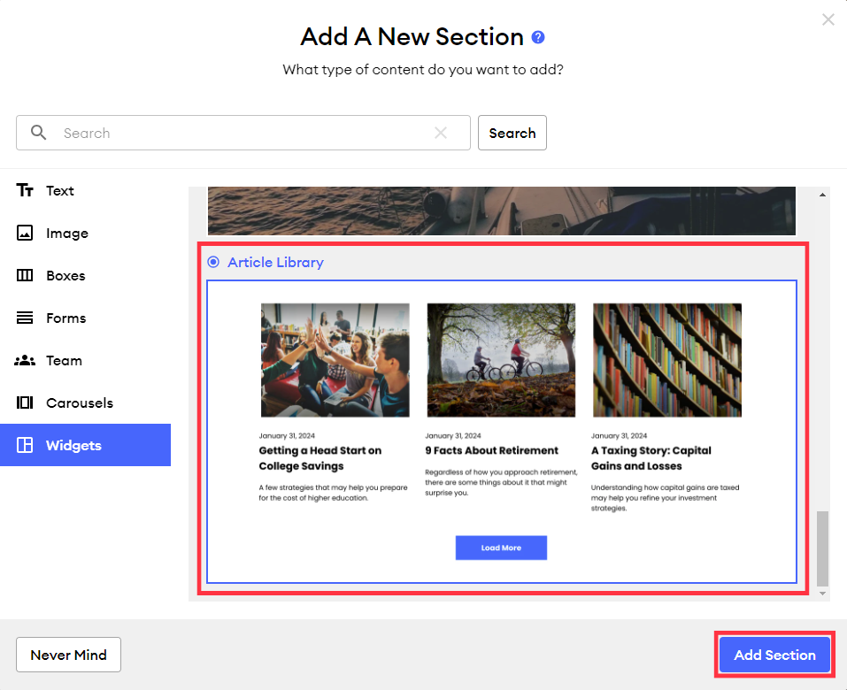 Adding an Article Library Section to a Page